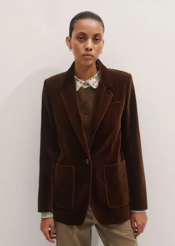 ME+EM Velvet Sharp Shoulder Blazer - Chestnut