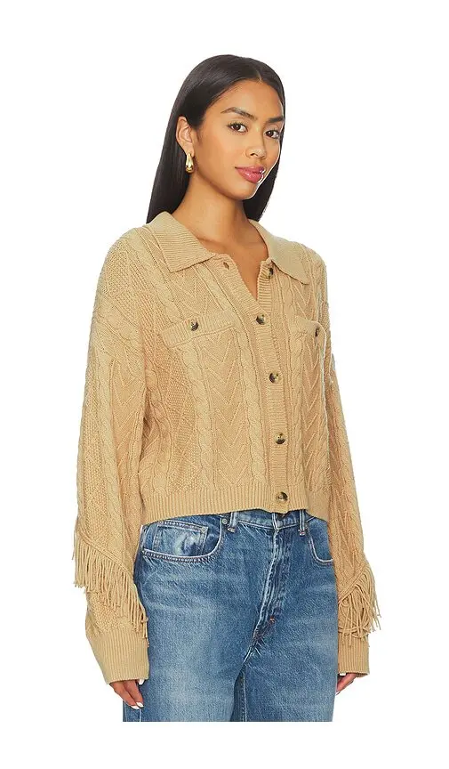 Central Park West Elyse Cabled Fringe Sweater Cardigan - Camel
