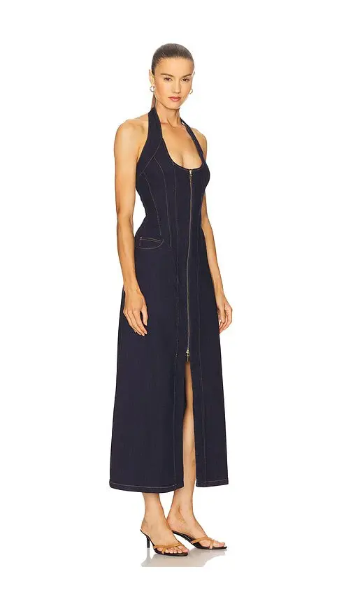 Bardot Denim Midi Dress With Halter Neck And Zip Closure