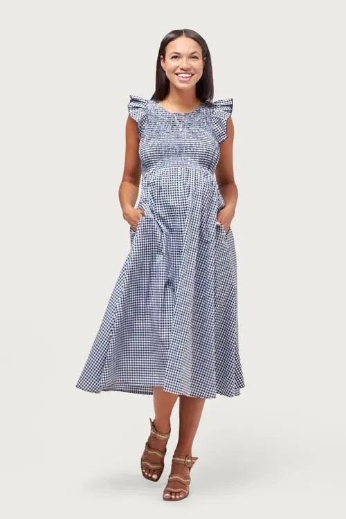 NOM MATERNITY Harper Smocked Maternity Dress - Navy Gingham