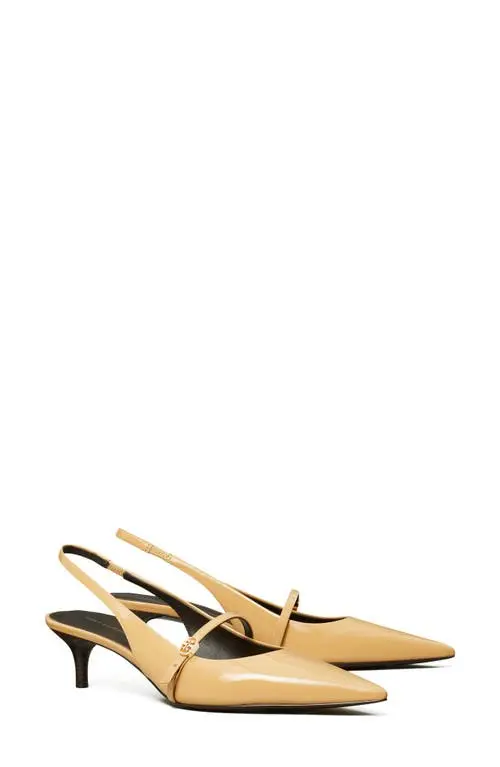Tory Burch Double T Buckle Slingback Mary Jane Kitten Heel Pumps - Biscotti/biscotti