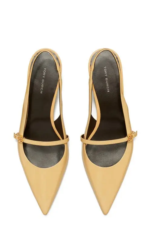 Tory Burch Double T Buckle Slingback Mary Jane Kitten Heel Pumps - Biscotti/biscotti