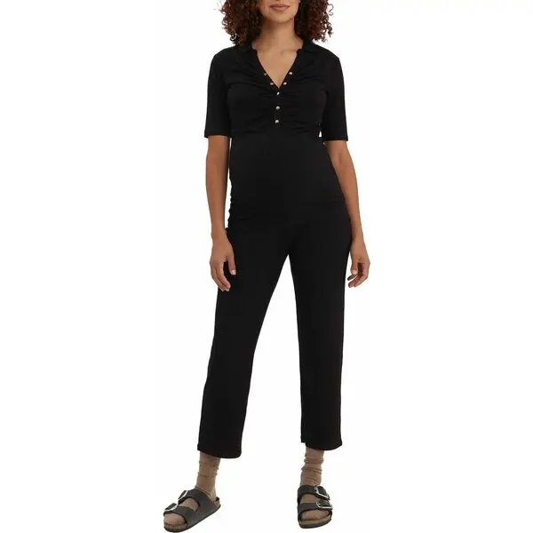 NOM MATERNITY Calista Maternity & Nursing Ribbed Polo Top - Black