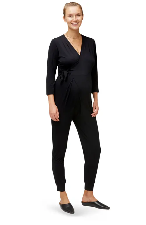 NOM MATERNITY Amabella Maternity & Nursing Wrap Jumpsuit - Black