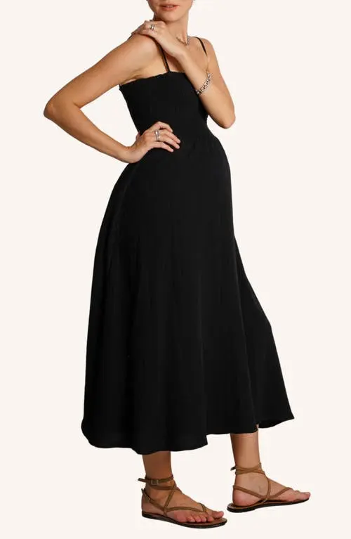 NOM MATERNITY Smocked Maternity Midi Dress - Black
