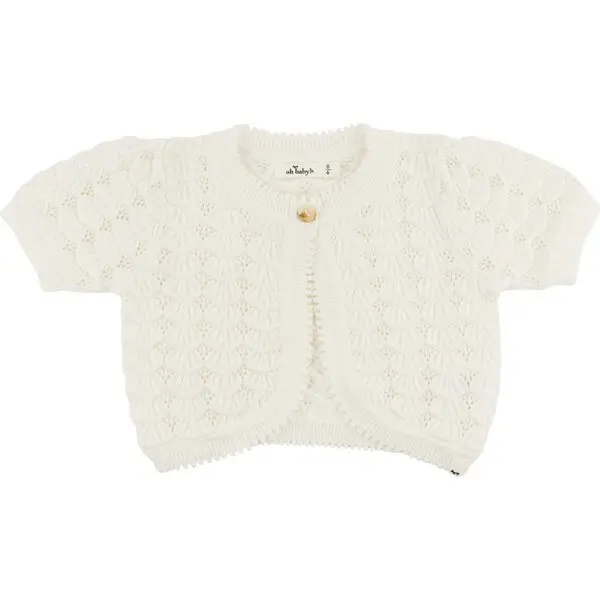 OH BABY! Shell Stitch Pointelle Short Sleeve Cardigan - Cream