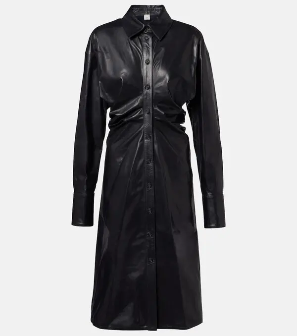 TOTEME Ruched Leather Shirt Dress - Black