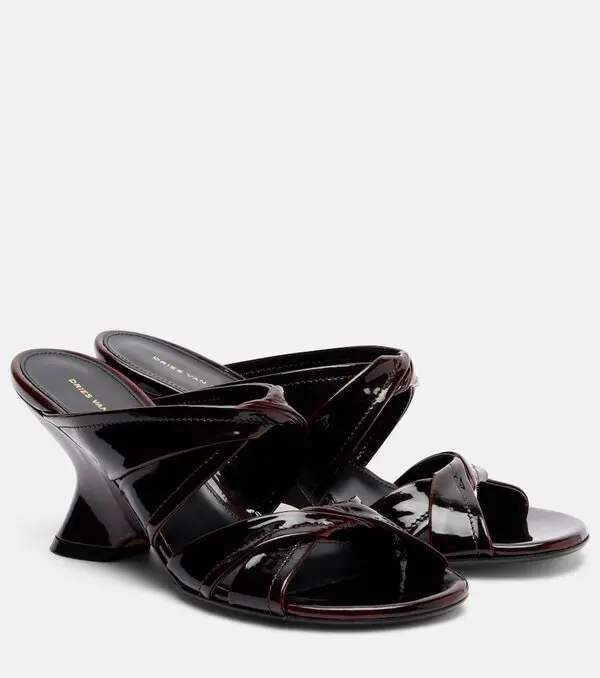 Dries Van Noten 75 Patent Leather Wedge Mules - Brown