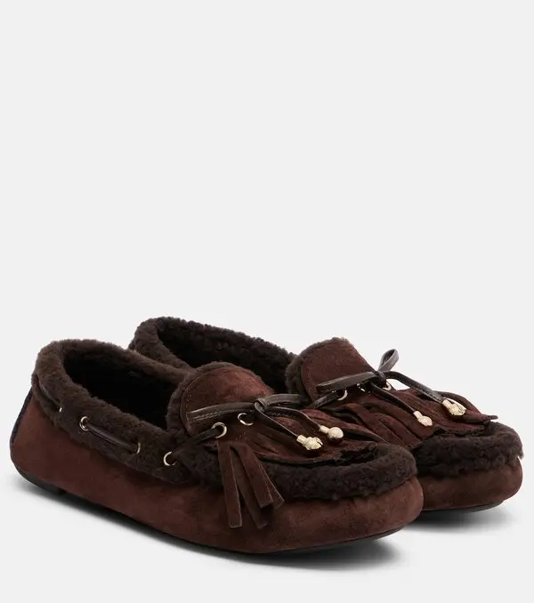 JIMMY CHOO Manon Fringed Suede Boat Shoes - Brown