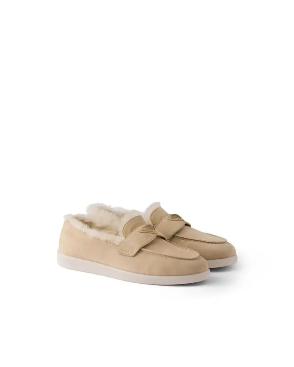 Prada Suede And Shearling Loafers - Neutral
