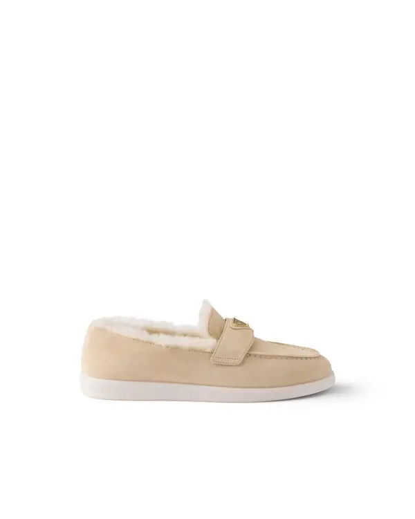 Prada Suede And Shearling Loafers - Neutral