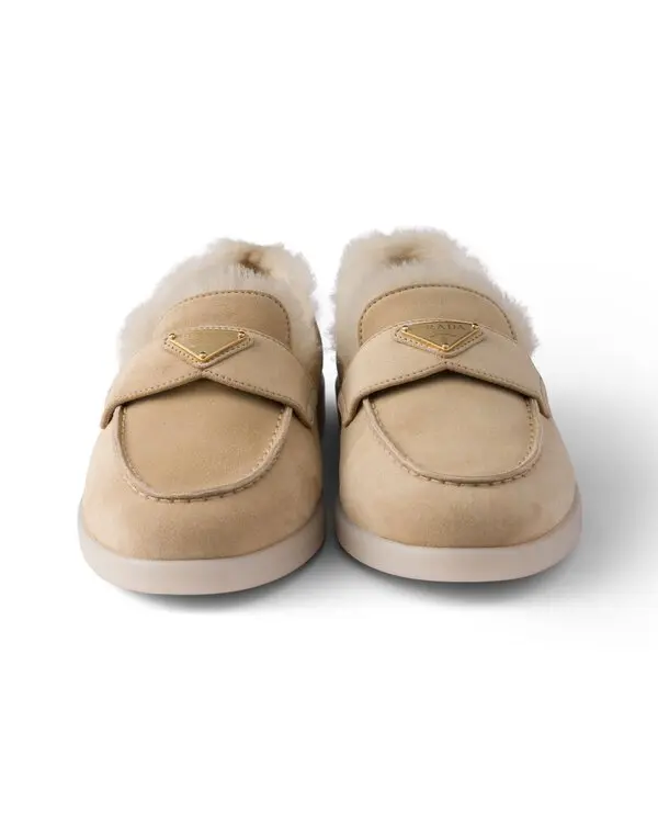 Prada Suede And Shearling Loafers - Neutral