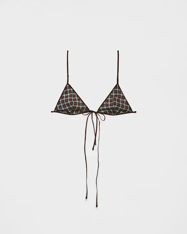 Prada Checked Georgette Bra - Turquoise/cocoa Brown
