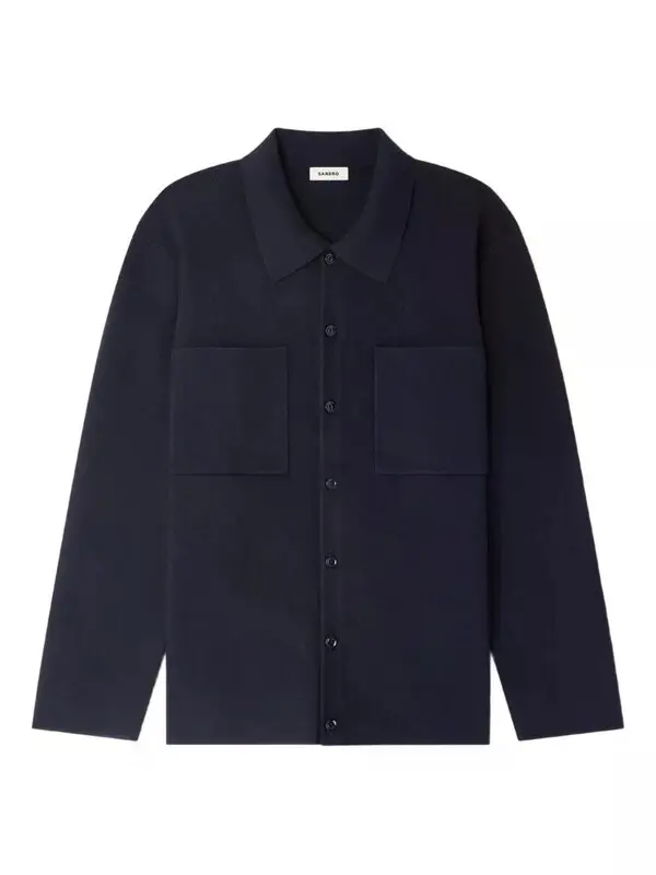 Sandro Fine Knit Shirt Jacket With Wing Collar And Flap Pockets
