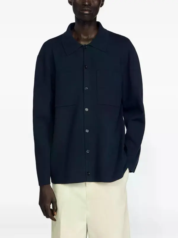 Sandro Fine Knit Shirt Jacket With Wing Collar And Flap Pockets