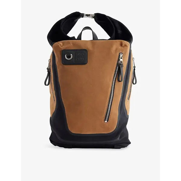 Loewe Roll Top Logo Canvas Backpack - Black/dark Gold