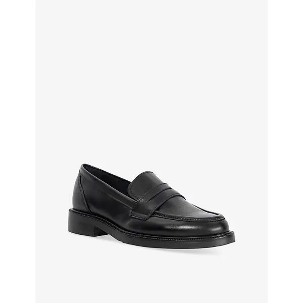 DUNE Giya Flat Leather Penny Loafers - Black Plain Leather