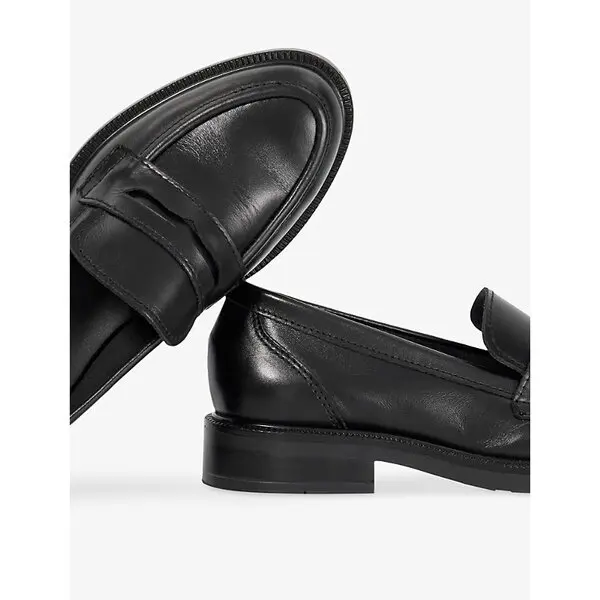 DUNE Giya Flat Leather Penny Loafers - Black Plain Leather