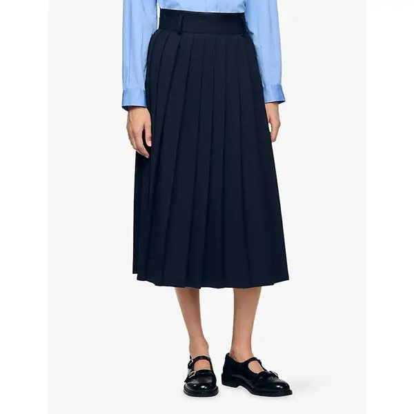 Sandro Pleated High-rise Midi Skirt - Navy Blue