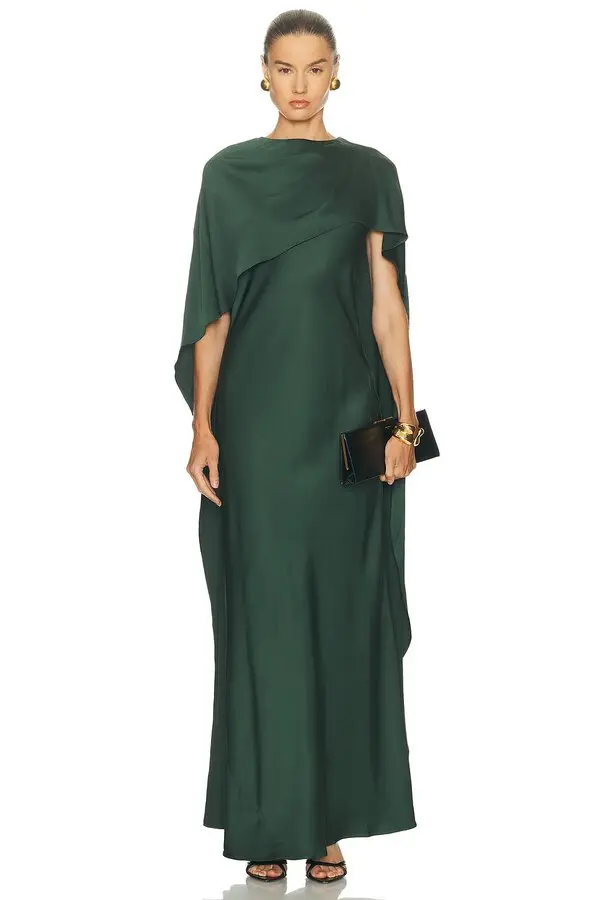 green cape dress Aisha maxi green cape dress with beading and crystal stone shoulder embellishment 14 (US)