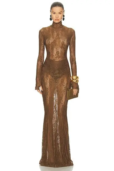 Norma Kamali Long Sleeve Turtleneck Fishtail Gown - Bark