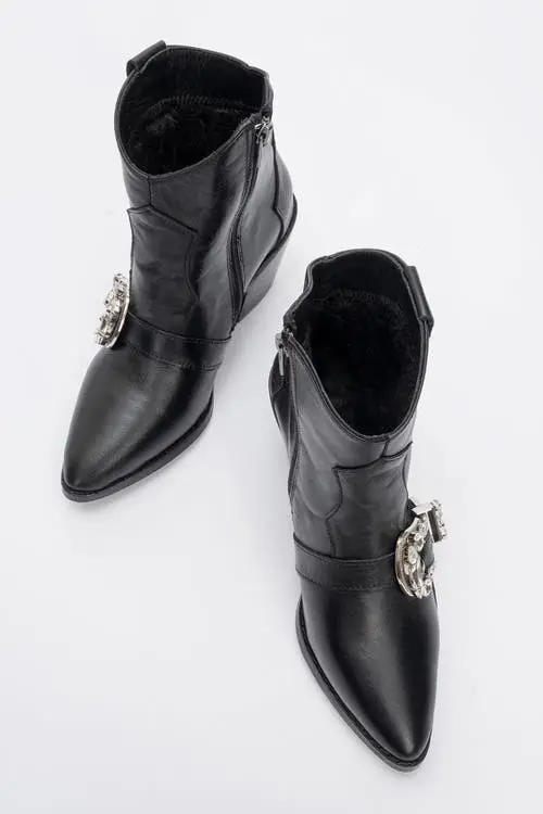 FOREVER & ALWAYS SHOES Leather Buckle Ankle Boots - Black Leather