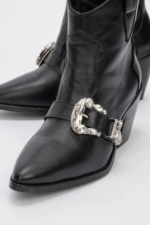 FOREVER & ALWAYS SHOES Leather Buckle Ankle Boots - Black Leather