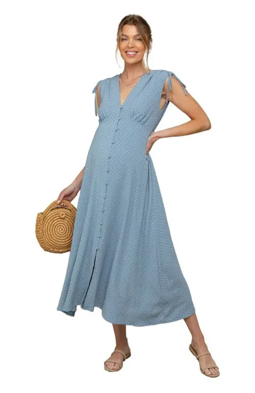PINKBLUSH Polka Dot Shirred Bow Midi Dress - Blue