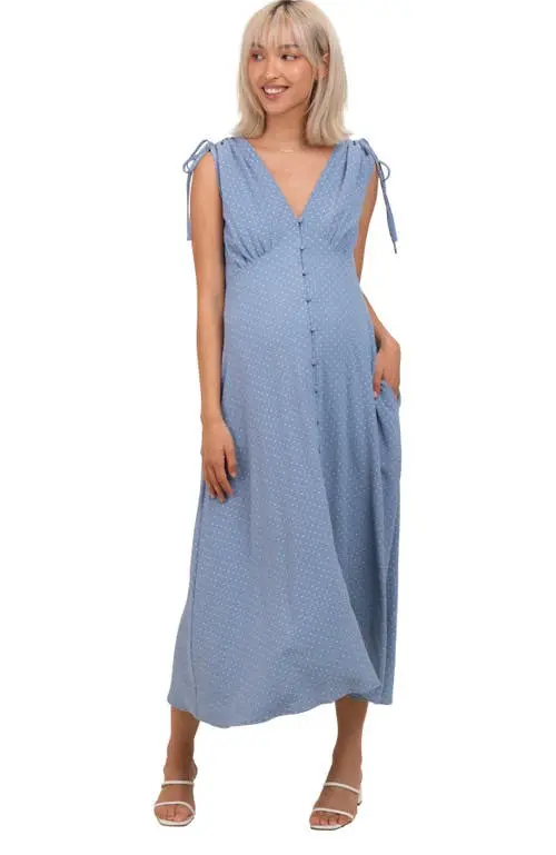 PINKBLUSH Polka Dot Shirred Bow Midi Dress - Blue