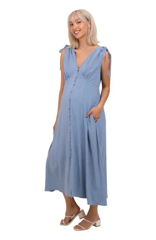 PINKBLUSH Polka Dot Shirred Bow Midi Dress - Blue