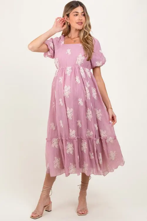 PINKBLUSH Floral Print Ruffle Hem Maternity Midi Dress - Mauve