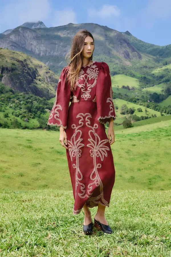 Farm Rio Artisanal Cut-out Embroidered Linen Maxi Dress - Burgundy