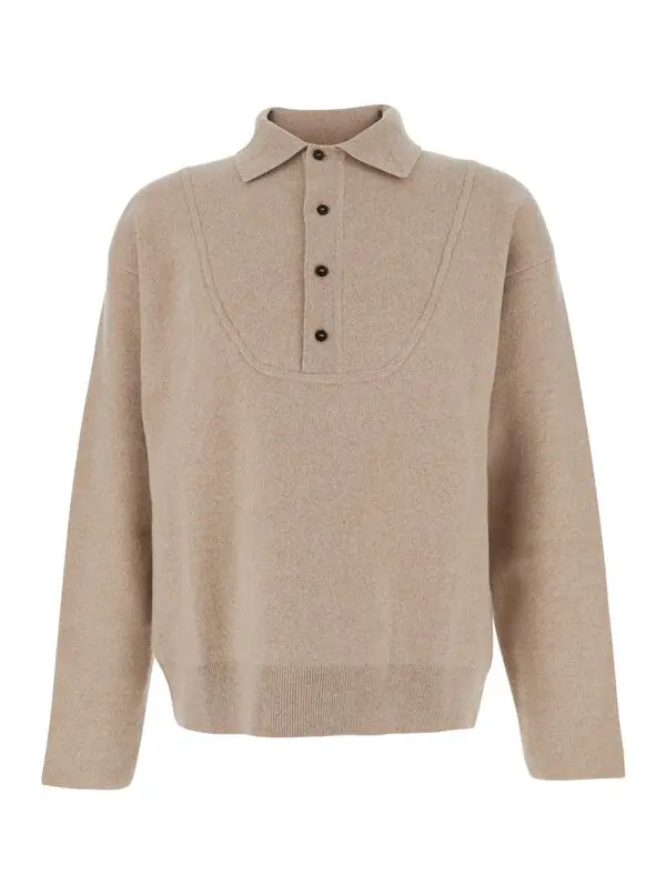 Jacquemus Wool Sweater With Polo Collar And Ribbed Details - Beige