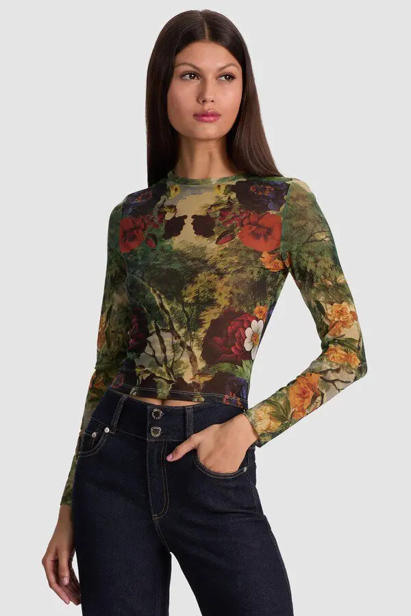 Alice + Olivia Delaina Printed Mesh Top