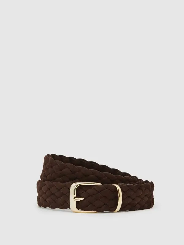REISS Jesse Suede Woven Belt - Dark Brown