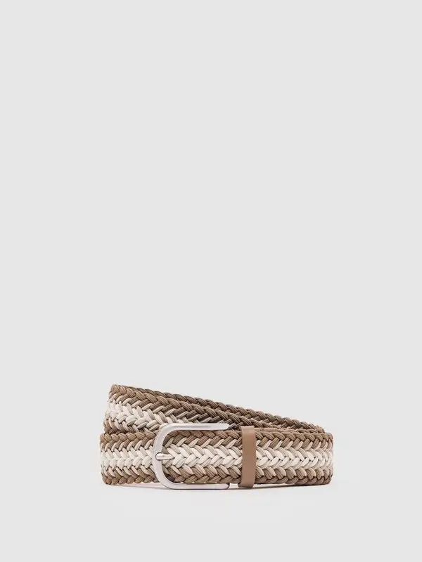 REISS Ellis Woven Stripe Belt - Taupe Brown/off White