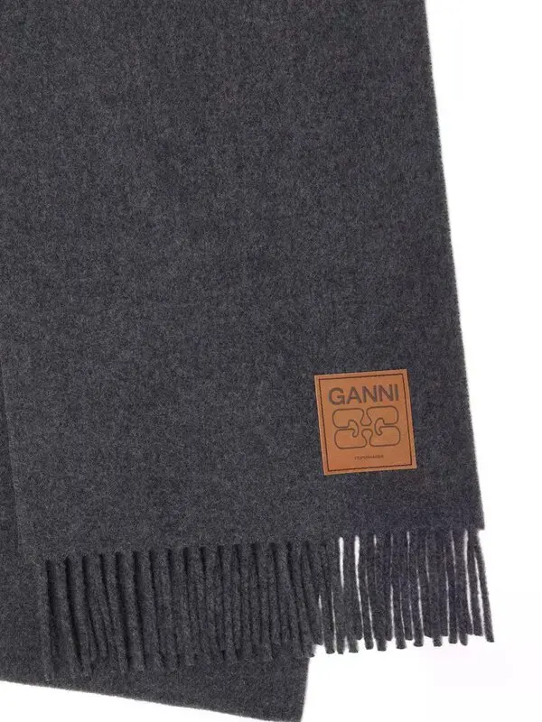 GANNI Logo-patch Fringed Scarf - Grey