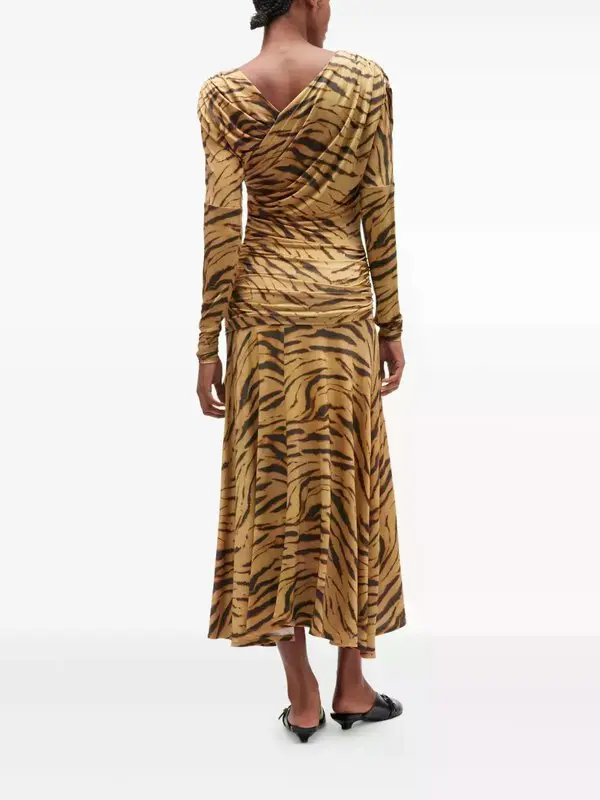 GANNI Tiger-print Draped Midi Dress - Neutrals