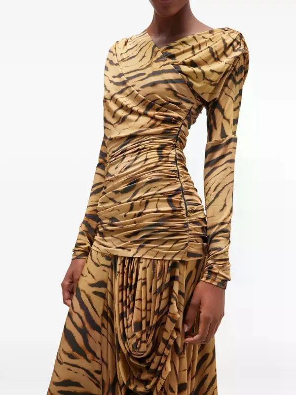 GANNI Tiger-print Draped Midi Dress - Neutrals
