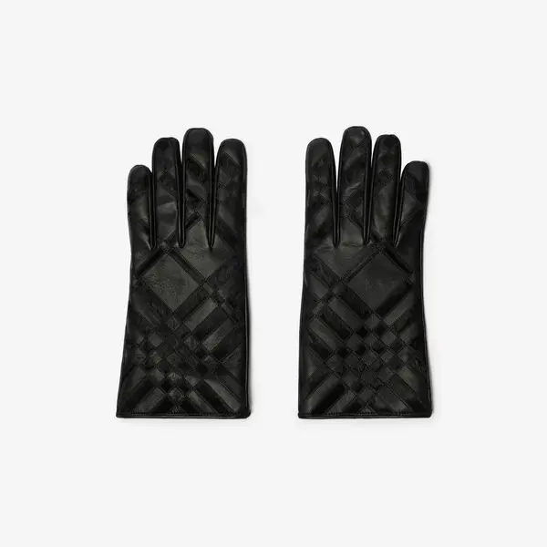 Burberry Check Intarsia Leather Gloves - Black