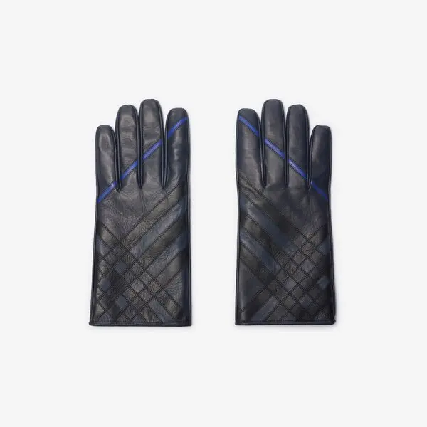 Burberry Check Intarsia Leather Gloves - Storm Blue