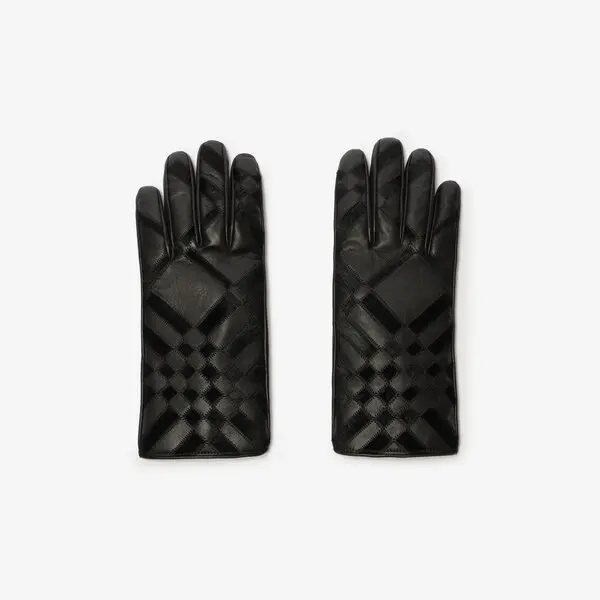 Burberry Check Intarsia Leather Gloves - Black