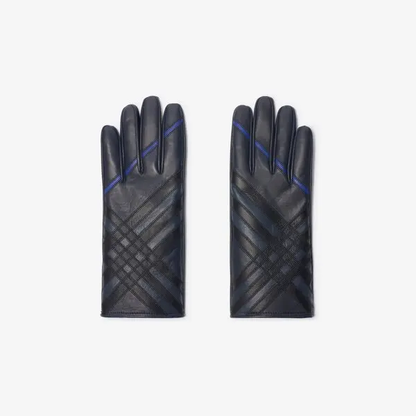 Burberry Check Intarsia Leather Gloves - Storm Blue