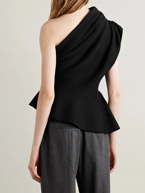 Khaite Aimee Asymmetric One-shoulder Wool-blend Peplum Top - Black
