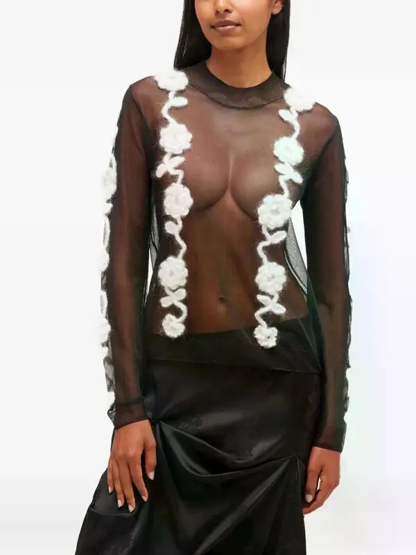 GANNI Crochet-flowers Mesh Top - Black