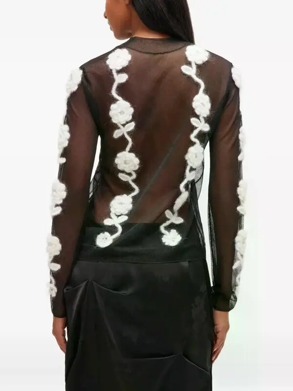 GANNI Crochet-flowers Mesh Top - Black