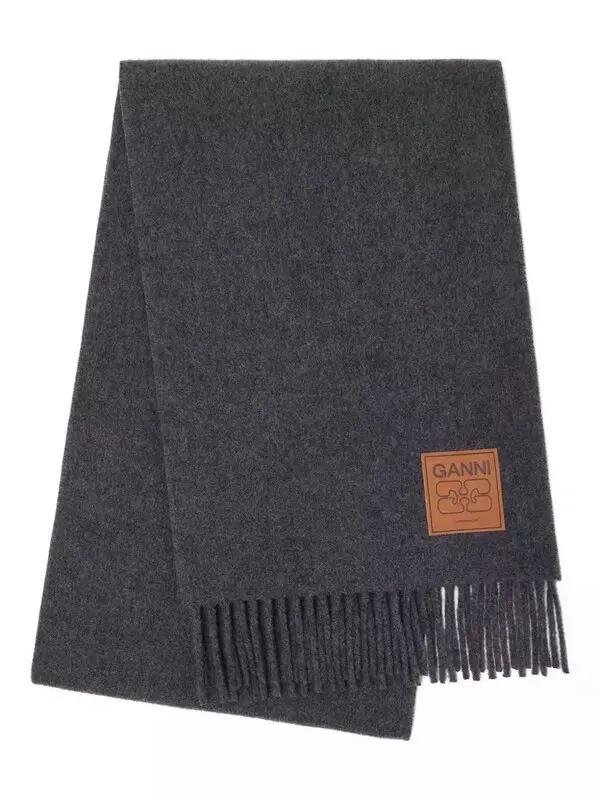 GANNI Logo-patch Fringed Scarf - Grey