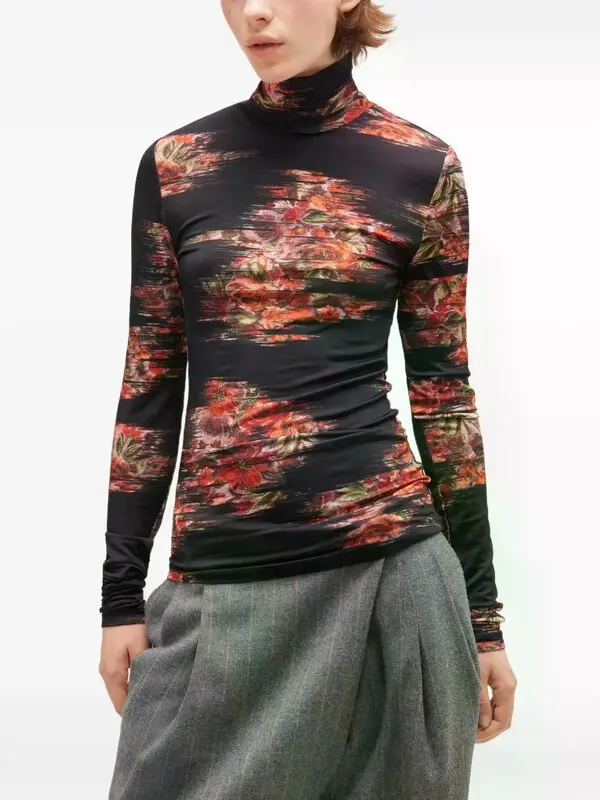 GANNI Floral Print Turtleneck Top - Black