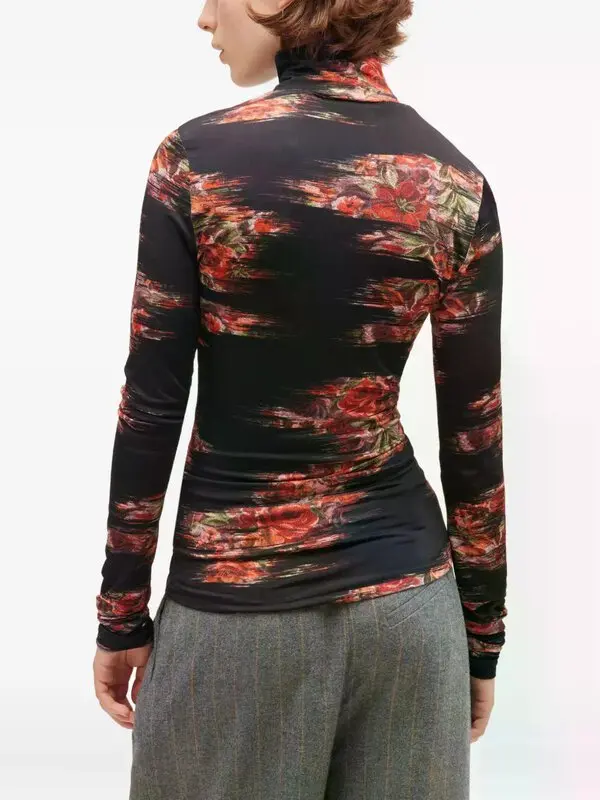GANNI Floral Print Turtleneck Top - Black