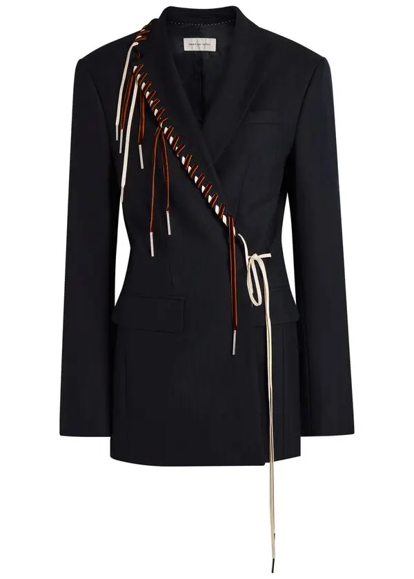 Dries Van Noten Embellished Wool Wrap Blazer - Navy